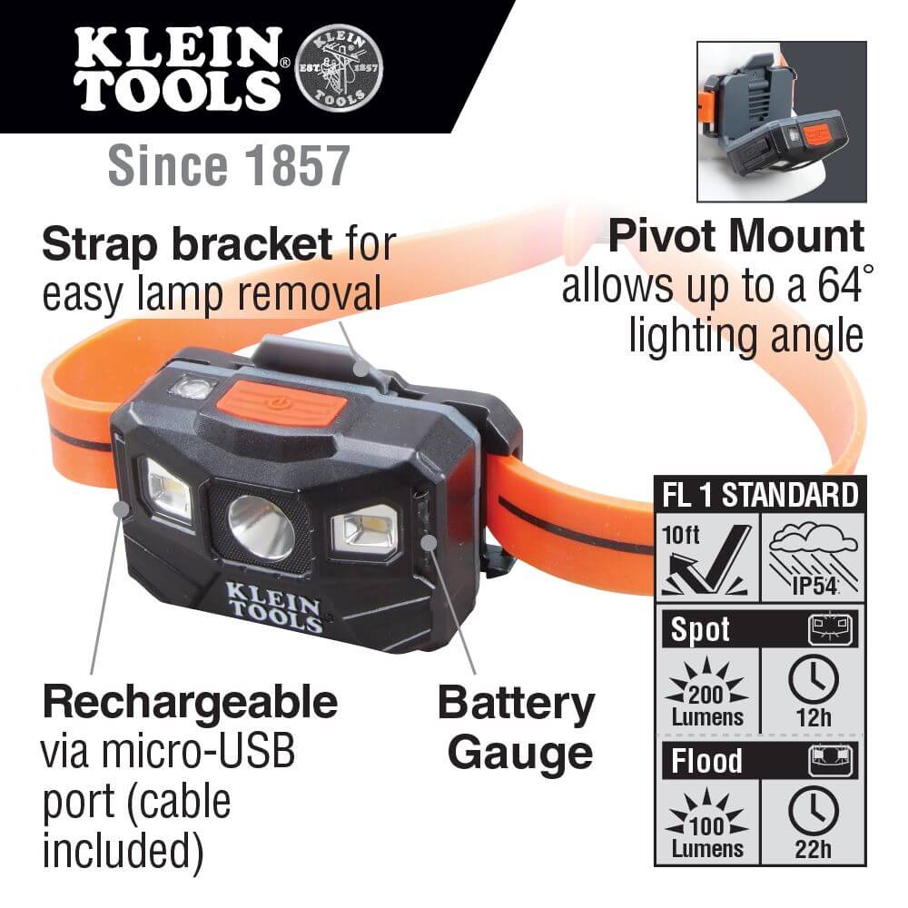 Linterna tipo minero Led 200 lumenes recargable Klein Tools 56034 ...