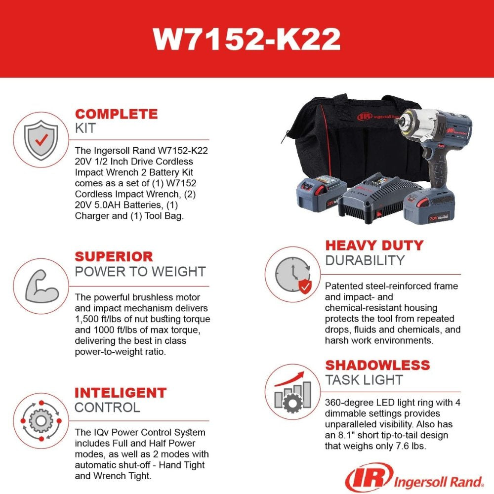 Llave de impacto inalámbrica de 20 V 1/2 pulgada, kit de 2 baterías Ingersoll Rand W7152-K22 ...